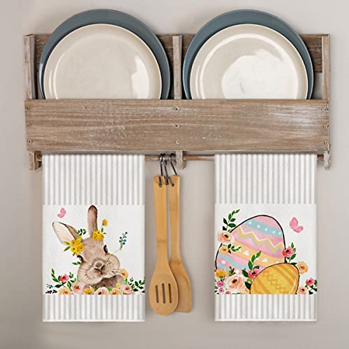 Artoid Mode Stripes Beige Bunny Rabbit Eggs Easter Kitchen Towels Dish Towels, 18x26 Inch Seasonal Spring Flowers Leaves Holiday Decoration Hand Towels Set of 2
