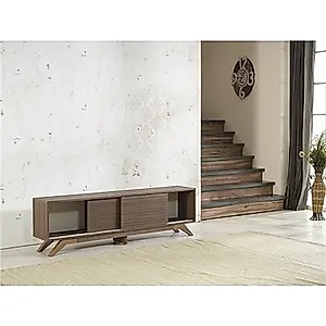 Natural Wood TV Stand Entertainment Center Mid Century Modern Console Table for Living Room Bedroom with 2 Sliding Door Cabinet 2 Shelves 67 inch Tv Unit, Walnut,Brown