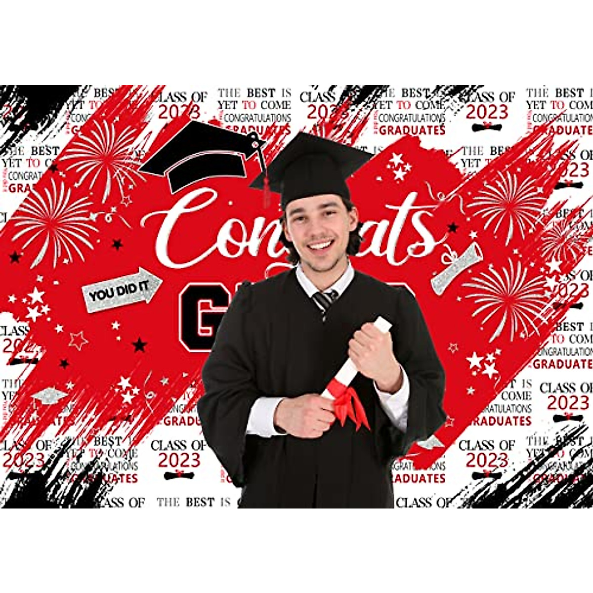 LYCGS 7X5ft Graduation Backdrop Congrats Grad Red and Silver Graduation Photo Backdrop 2023 Graduation Photography Backdrops Graduation Prom Party Decor Banner X-119