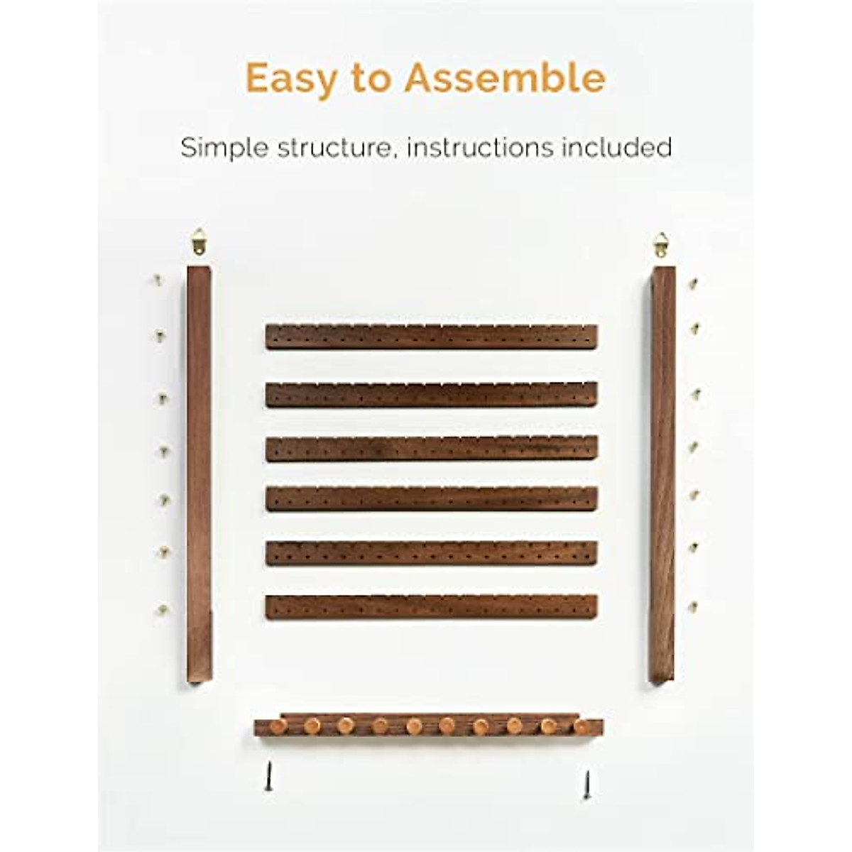 Mymazn Easy Assemble Solid Walnut Wood Earring Wall Holder Hanging Jewelry Organizer Necklace Holder Earring Hanger Wall Mount Jewelry Organizer for Necklaces Rings Scruncies Organization