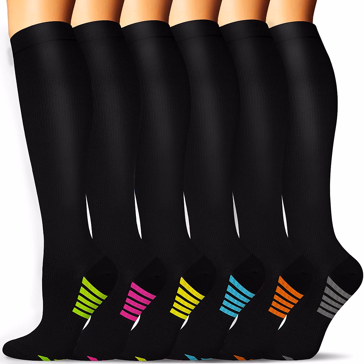 SunFeeling Compression Socks Women & Men 20-30mmHg - Best Support for Running,Sports,Hiking,Flight Travel,Circulation (Multicoloured, 6 Pairs, Large-X-Large)
