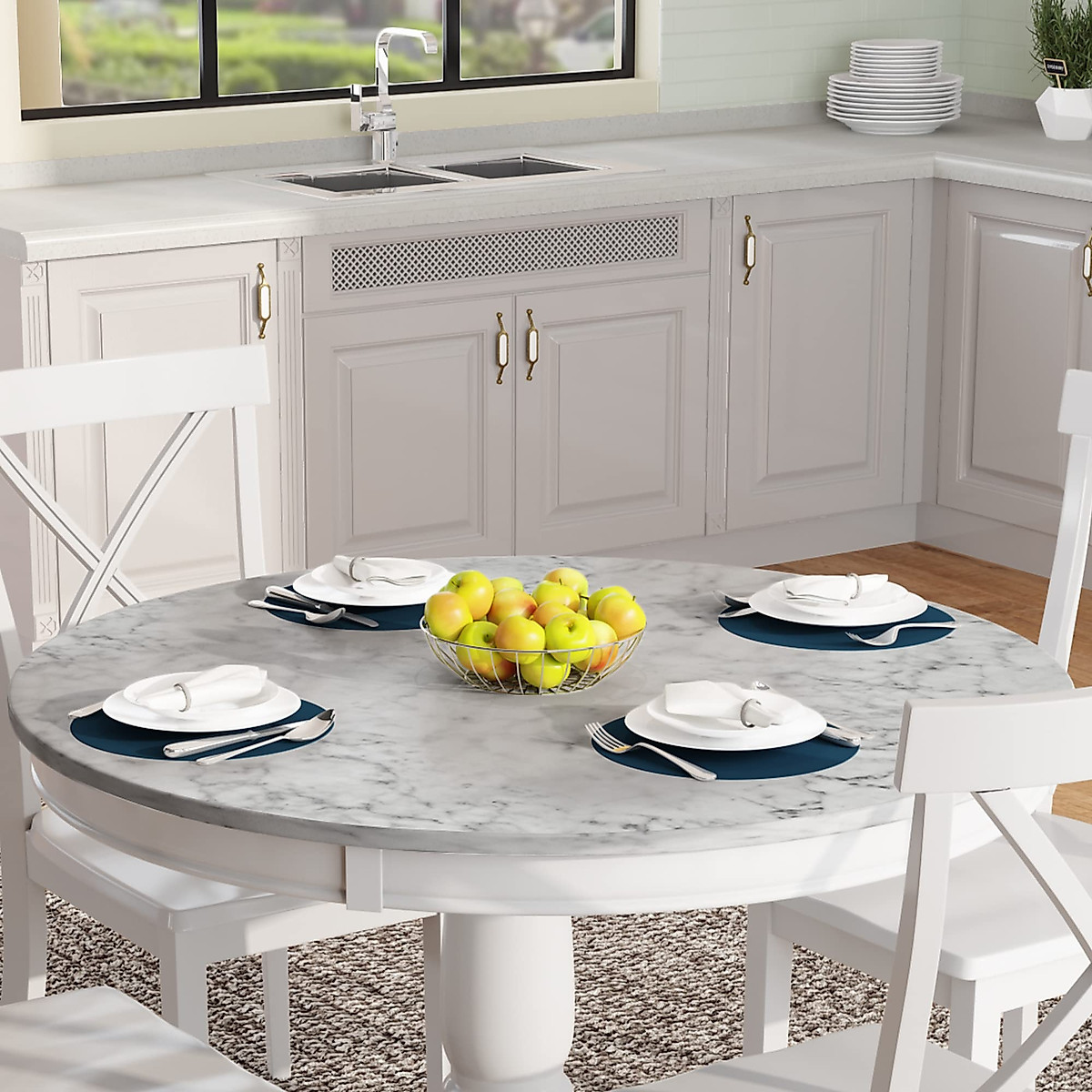 OPTOUGH 5 Piece Round Dining Table Set for 4, Marble Veneer and X Back 4 Solid Wood Chairs, 42-Inch, White