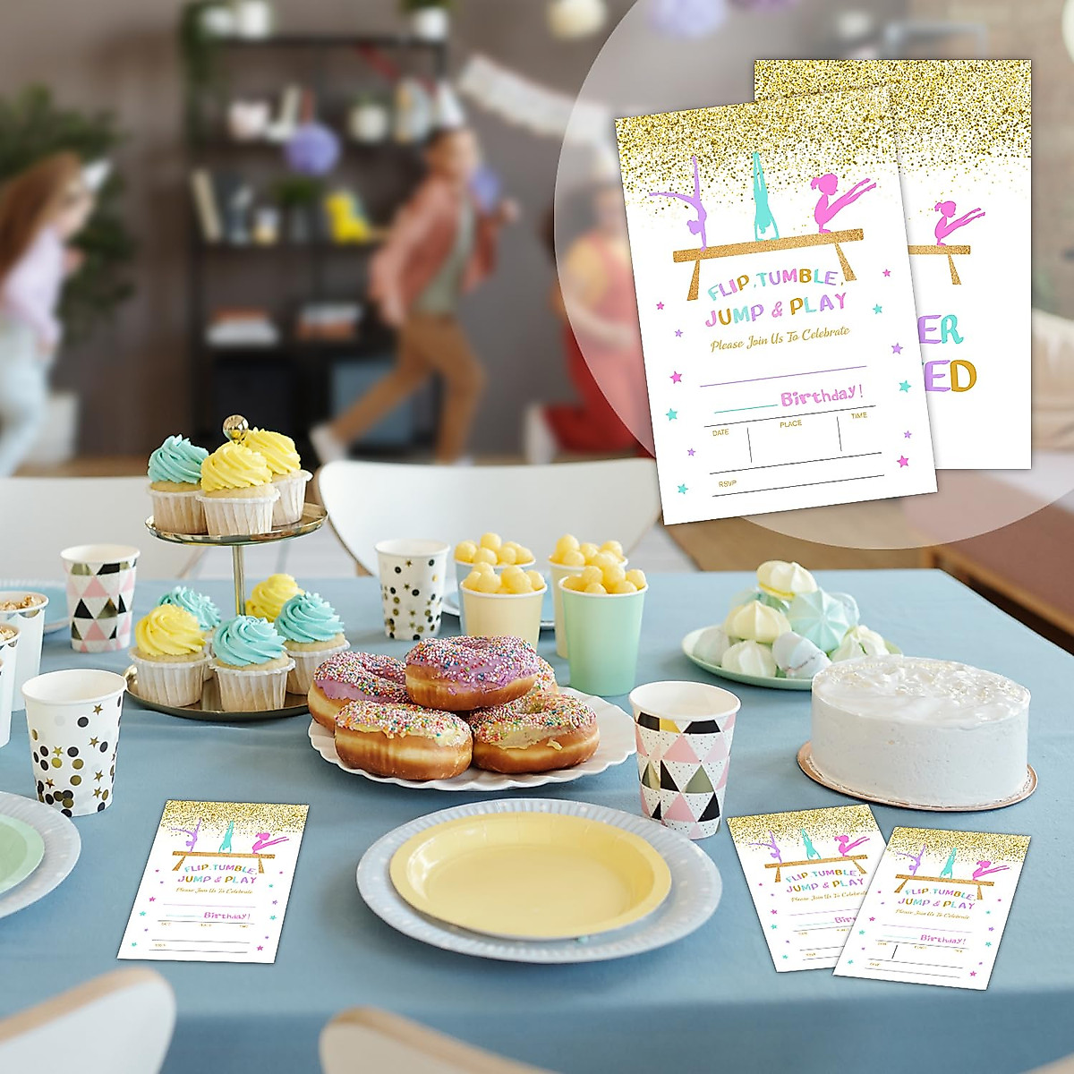 YUEXLL Gymnastics Birthday Party Invitations Cards with Envelopes, Gymnastics Party Invitations, Jump Birthday Celebration Supplies, Double-sided Fill-in bday Invites for Boys Girls- A21
