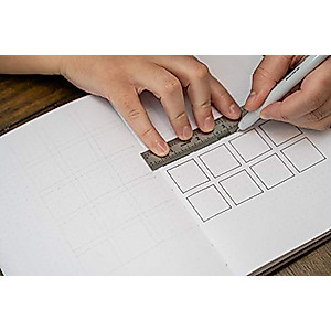 A5 bullet dotted journal dot grid notebook 180 pages 3 x page markers 120 GSM extra-thick paper stainless steel ruler page numbers pen holder in spine 4 dedicated index pages 8 perforated pages