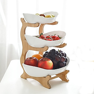 AIWFL 3 Tier Fruit Basket White Fruit Bowl with Bamboo Holder Fruit Ceramic Serving Tray Dessert Serving Stand for Candy Fruits Snacks Nuts Storage Holder