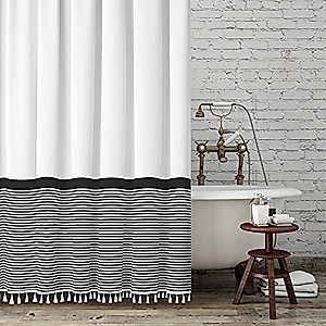 Seasonwood Black and White Shower Curtain Striped with Tassels for Bathroom Decor,Heavy Weighted 72-Inch , 72 x 72