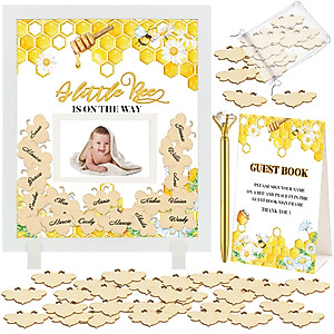 Kigley 65 Pcs Bee Baby Shower Guest Book Alternatives Baby Shower Decorations Baby Shower Guestbook with Wood Slice for 60 Guests Baby Keepsake Signature Book Picture Frame for Birthday