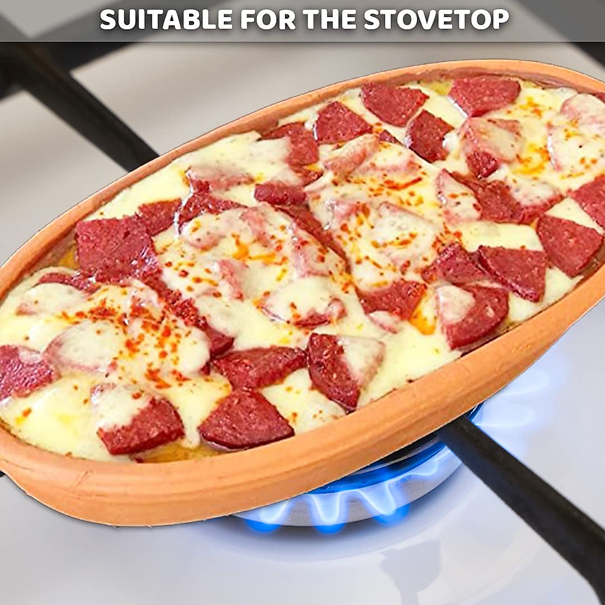 Handmade Oval Clay Pan Set of 2, Lead-Free Terracotta Pots for Cooking Fishes, Meat, Vegetables, or Mushrooms, Unglazed Earthen Pottery Cookware Suitable for Stovetop and Oven-Cooking (Large 12.2 in)