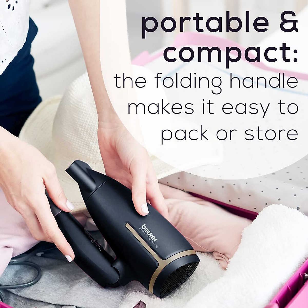 Beurer HC25 Travel Hair Dryer for with Voltage Switch, Powerful Blow Dryrer with Ion Function, 1600W, Anti Frizz, Foldable & Lightweight Styler, Nozzle Attachment