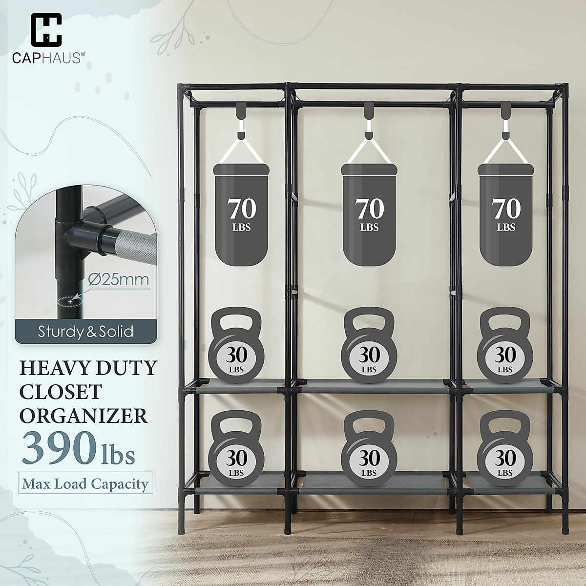 CAPHAUS 61-Inch Heavy-Duty Clothing Rack with Cover, 25MM Steel Tube Portable Closet Wardrobe, 390LB Capacity Metal Frame Clothes Organizer Rack, Covered Garment Rack for Hanging Clothes