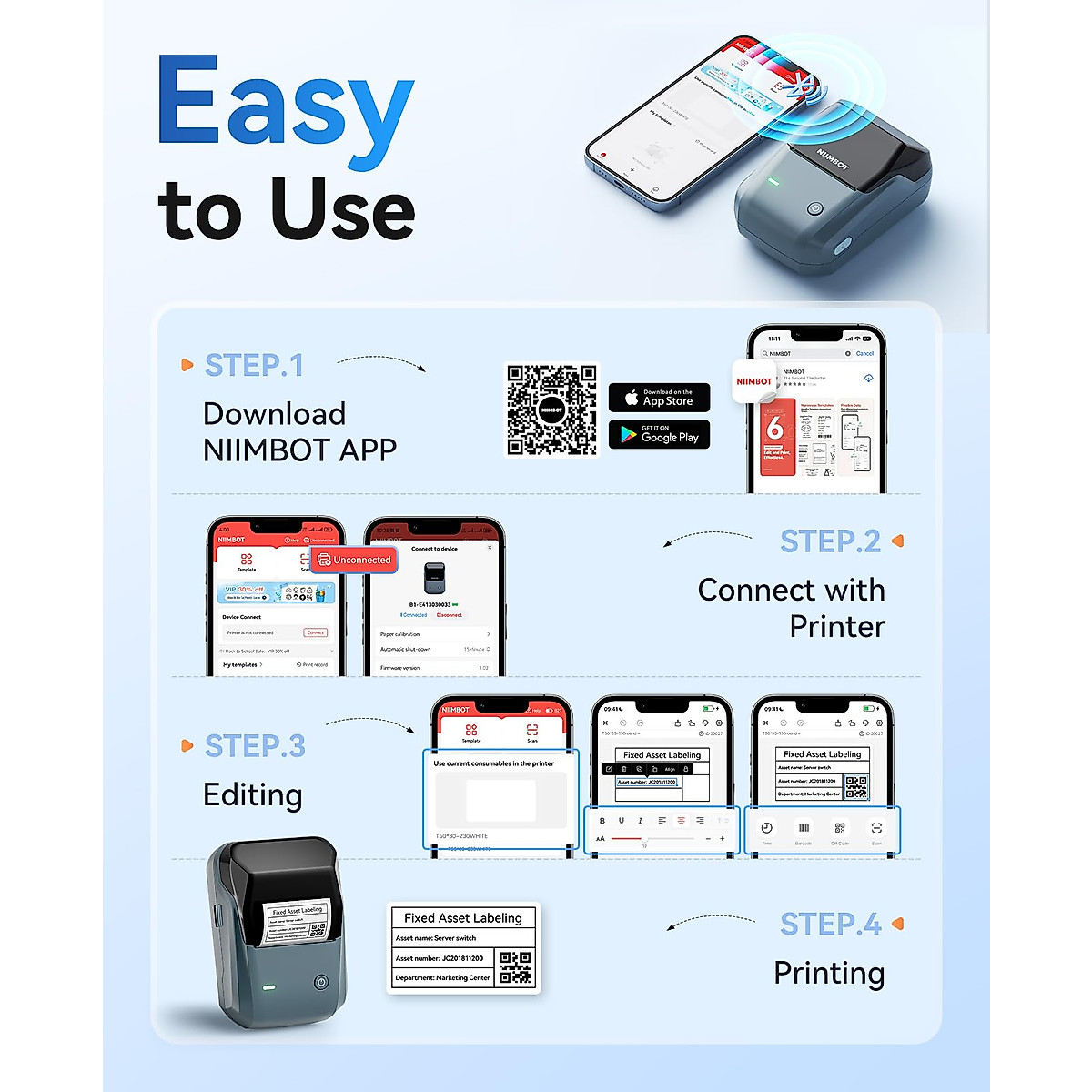 NIIMBOT B1 Label Makers, 2 Inch Bluetooth Label Maker with Auto Identification, Portable Label Printer Easy to Use for Office, Home, Business (with 1.96x1.18 inch Label Tape)