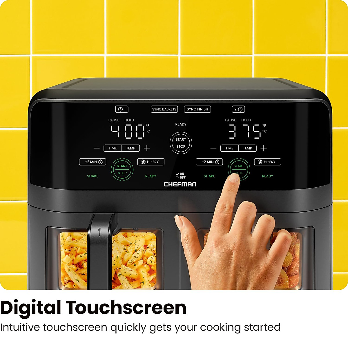 CHEFMAN 6 Quart Dual Basket Air Fryer Oven with Easy View Windows, Sync Finish, Hi-Fry, Auto Shutoff, 2 Independent 3Qt Nonstick Dishwasher Safe Frying Baskets, Digital Double Air Fryer - Black