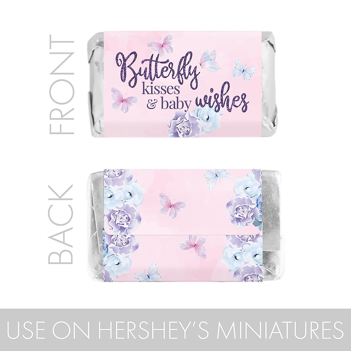 Butterfly Girl Baby Shower Mini Chocolate Candy Bar Wrappers, A Little Butterfly is on Her Way, It's a Girl Pink and Purple Party Favor Stickers - 45 Labels