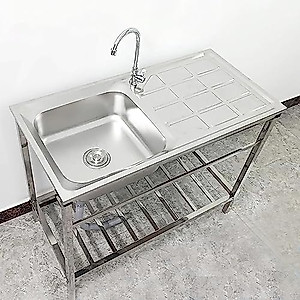 Commercial Stainless Steel Sink Single Bowl Free Standing Utility Sink Restaurant Kitchen Sink W/Faucet Outdoor Sink With Storage Rack And Workbench For Garage Restaurant Outdoor Backyard ( Size : L29