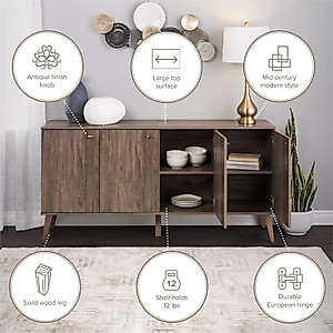 Prepac Milo Mid-Century 4 Door Buffet, 16" D x 64" W x 32" H, Drifted Gray