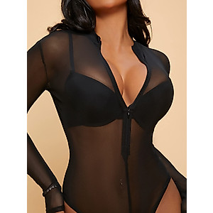 Floerns Women's Sheer Mesh Zipper Up Long Sleeve Leotard Bodysuit Top Black L