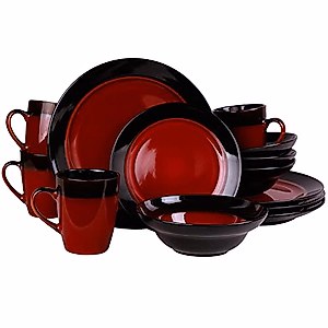 Elama Round Stoneware Two-Toned Dinnerware Dish Set, 16 Piece, Bright Red and Black