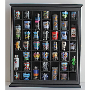 41 Shot Glass Display Case Holder Bar Collection Cabinet Wall Rack Shadow Box with Glass Door Black