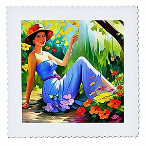 3dRose Woman in Blue Dress Sits on The Ground in The Fantasy Garden... - Quilt Squares (qs-379023-2)
