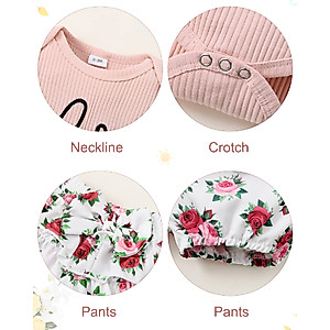 SOLOYEE Baby Girl Clothes,3PCS Ruffled Jumpsuit Tops + Floral Trousers + Floral Headband,Infant Toddler Baby Girl Suit