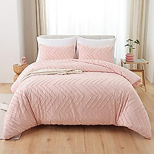 YIRDDEO Pink Comforter Queen Size 3Pcs, Boho Chevron Comforter Set Queen Blush Farmhouse Bedding Sets Queen, Vertical Tufted Comforter, Lightweight Neutral Boho Bed Set (1 Comforter, 2 Pillowcases)