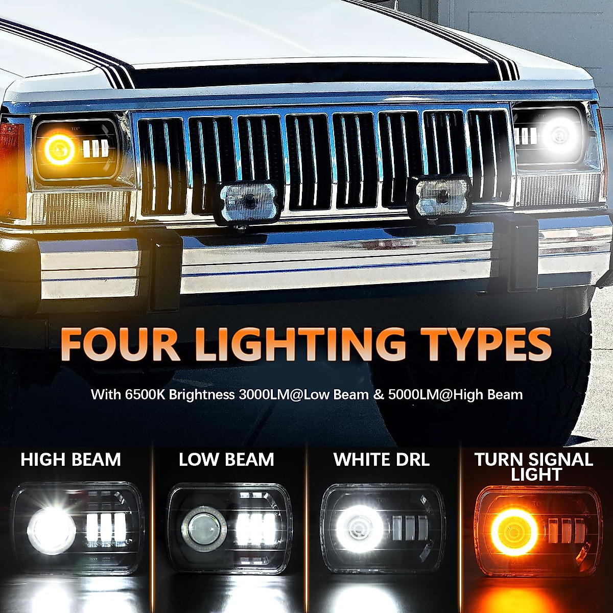 DOXMALL 2Pcs 5x7 7X6 LED Headlights H6054 Retangular Sealed Beam Headlight With White Halo Daylight Compatible with Cherokee XJ Wrangler YJ GMC Dodge Kenworth T300 Etc