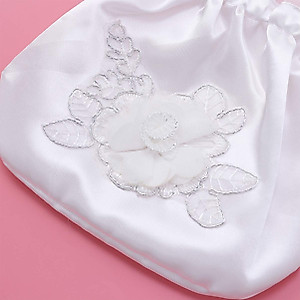 Veemoon Satin Bridal Wedding Money Bag Handbag Hand Embroidery White Bridal Bridesmaid Satin Flower Decorated Bag for Dance Bridal Purse Wedding Favor