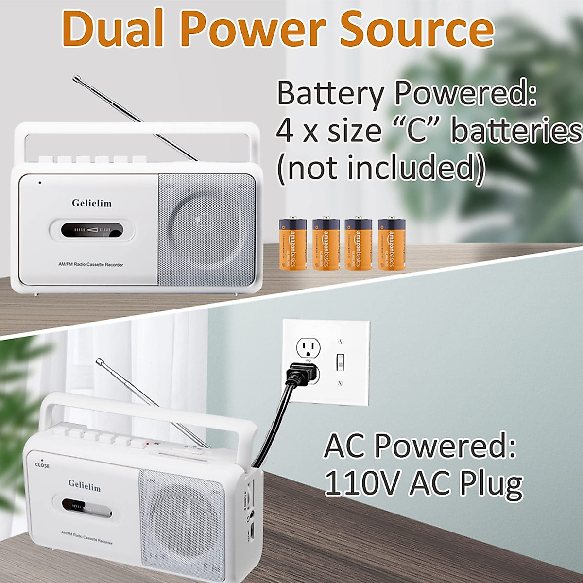 Gelielim Cassette Player Boombox, Portable AM/FM Radio Stereo, Cassette Tape Player Recorder with Big Speaker and Earphone Jack, Battery Operated or AC Powered Tape Recorder Cassette Player