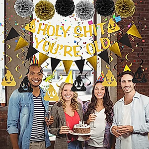 Holy Shit You're Old Banner Decorations Kit - 20Pcs - Gold Funny Adult Birthday Party Decor Sign for 30th-40th-50h-60th-70th-80th-90th Birthday - Including Holy Shit You're Old Banner, Triangle Flag, 12Pcs Swirl, 6Pcs Poms