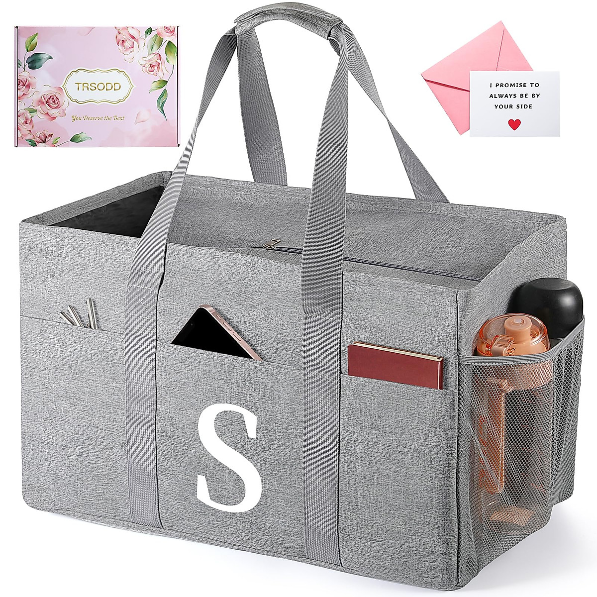 Reusable Grocery Bags Foldable, Large Can-vas Utility Tote Bag for Women, Reusable Shopping Bags for Groceries, Storage, Pool, Ini-tial Travel Bag, Personalized Mom Christmas Gifts w Card Gift Box S