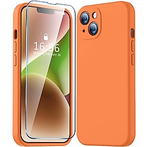 Vooii Compatible with iPhone 14 Plus Case with Screen Protector, Upgraded Liquid Silicone with [Camera Protection] [Soft Anti-Scratch Microfiber Lining] Phone Case for iPhone 14 Plus - Bright Orange