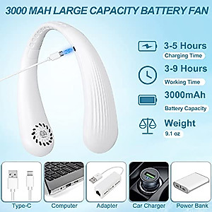 kissxiaoya Portable Bladeless Neck Fan, Hand Free Leafless Neckband Fan, Rechargeable Wearable Personal Fan with 3000 mAh Long-Lasting Battery, Adjustable 3 Speeds(White)