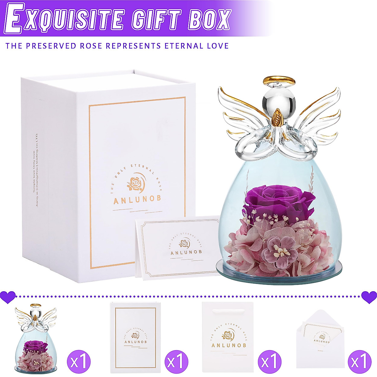 ANLUNOB Birthday Gifts for Women, Preserved Long-Lasting Real Flowers Rose Gifts in Glass Angel Figurines, Angel Rose Gift for Mom Grandma,Anniversary Wedding Christmas, Thanksgiving Day Gift for Her