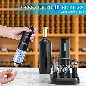 Electric Wine Opener with Charging Base, Moocoo Cordless Electric Wine Bottle Opener with 2-in-1 Aerator &Pourer, Foil Cutter, 2 Vacuum Preservation Stoppers, Display Charging Station for Easy Storage