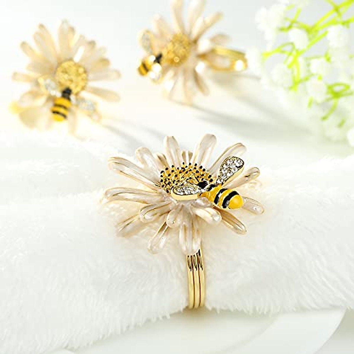 Kesote Daisy Sunflower Napkin Rings Set of 6, Gold Bee Napkin Ring Holders for Formal or Casual Dinning Table Decor