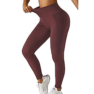 QINSEN Womens 4 Way Stretch Yoga Leggings Seamless High Waisted Workout Fitness Pants Wine L