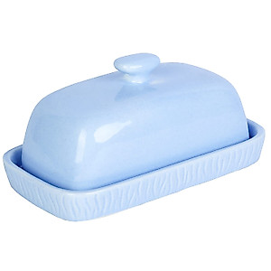 MyGift Sky Blue Ceramic Butter Dish with Lid, Butter Keeper Holder with Raised Sides and Etched Design, Rectangular East Coast Butter Stick Margarine Tray with Cover