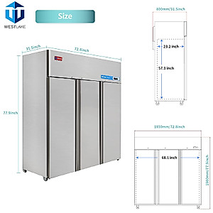 WESTLAKE 72" W Commercial Refrigerator 3 door 3 Section Stainless Steel Reach in Solid door Upright Fan Cooling 54 Cu.ft Cooler for Restuarant, Bar, Shop, etc