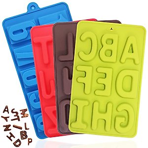 4 Pcs Silicone Numbers Alphabets Trays Molds, FineGood 26 letters & Numbers Candy Mould Biscuit Chocolate DIY Baking Pans Ice Cube Making Trays -green, brown, red, blue