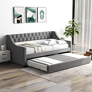 Giantex Upholstered Twin Daybed with Trundle, Modern Trundle Bed with Button Tufted Backrest and Wooden Slat Support, Twin Size Day Bed for Living Room Guest Room, No Box Spring Needed, Grey
