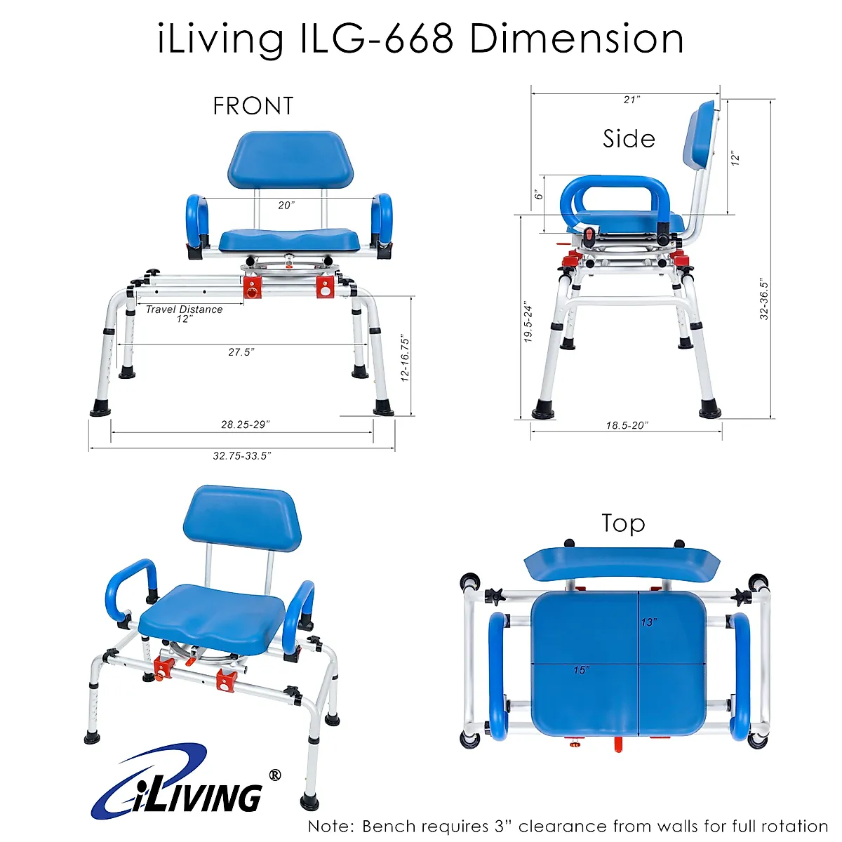 iLIVING ILG-668 Tub Transfer Bench Shower Chair for Inside Shower with Easy Access Swivel Padded Seat and Pivoting Arms, and Adjustable Height for Handicap and Seniors, Blue