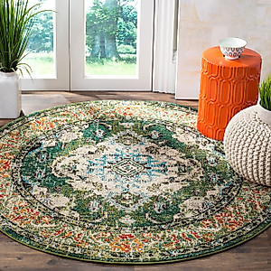 SAFAVIEH Monaco Collection Area Rug - 5' Round, Forest Green & Light Blue, Boho Medallion Distressed Design, Non-Shedding & Easy Care, Ideal for High Traffic Areas in Living Room, Bedroom (MNC243F)