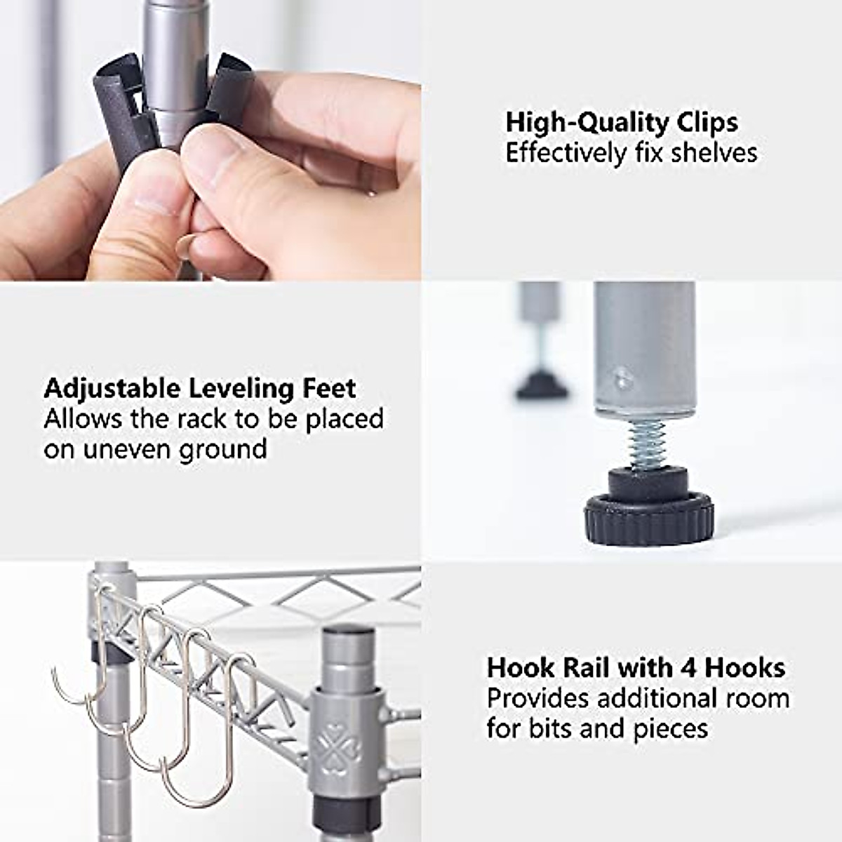 OSGP 5 Shelf Storage Rack Heavy Duty Metal Organizer Storage Shelf Adjustable Wire Rack Steel Organizer with Leveling Feet, Hooks and Wire Shelf Liners, Silver(23.6L x 12.6W x 59.1H)