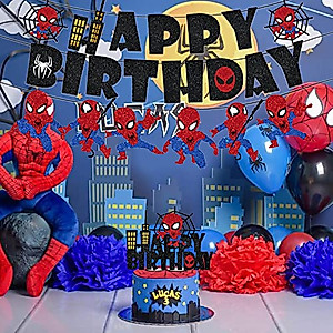 Glittery Spider Hero Birthday Party Banner and Cake Topper Decorations,Red Black Spider Hero Theme Party Decorations Supplies for Kids