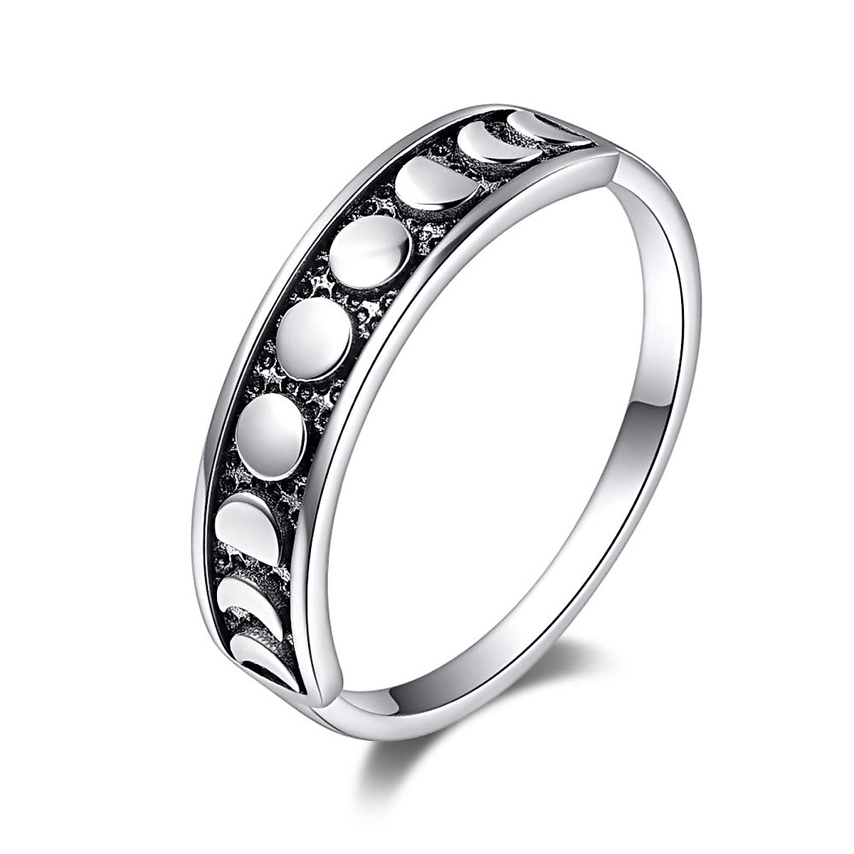Bamos Moon Phase Engagement Ring, Pure 925 Sterling Silver Moon Ring Wedding Ring for Women, 9 Moon Phases from New Moon to Old Moon on Chrome Plated Mesh Base, Size 6 7 8 9 10