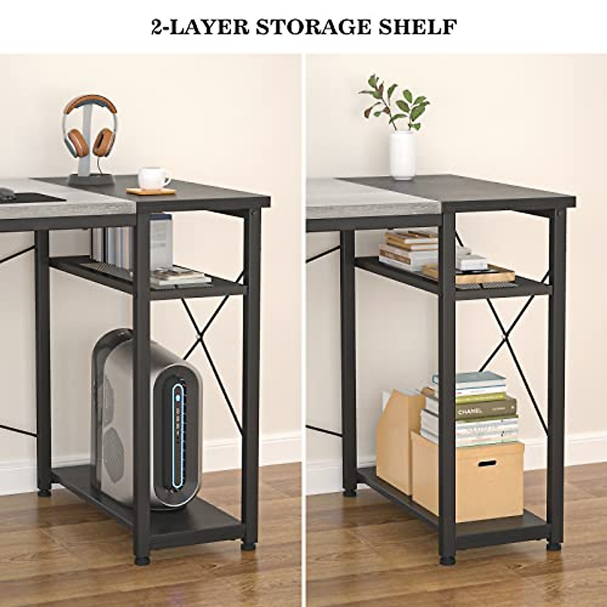 Foxemart L-Shaped Computer Desk, Industrial Corner Desk Writing Study Table with Storage Shelves, Space-Saving, Large Gaming Desk 2 Person Table for Home Office Workstation, Gray Oak and Black