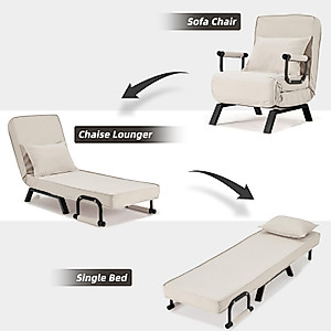 Hupmad Convertible Bed Sleeper Chair,Tri-fold Upholstered Armchair Sleeper with Pillow,Folding Leisure Chaise Lounge Couch with 6 Angle Adjustable Backrest,Single Lazy Bed for Office Apartment