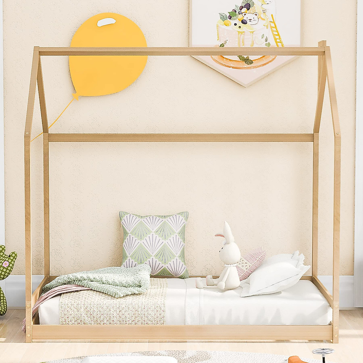 Harper & Bright Designs Montessori House Bed Twin for Kids, Toddler House Bed with Roof,Wood Floor Bed Frame for Girls Boys Bedroom Furniture, Box Spring Needed,Natural