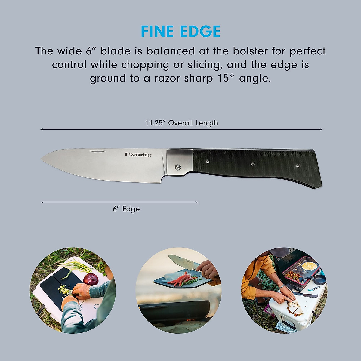 Messermeister Adventure Chef Folding 6” Chef’s Knife - German Steel & Distressed Linen Handle - Rust Resistant & Easy to Maintain