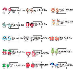 30 Pairs Stainless Steel Mixed Color Cute Animals Fox Heart Star Ladybug Bee Frog Mushroom Tree Daisy Umbrella Rose Gold White Pearl CZ Jewelry Stud Earrings Set (animal tree pearl)